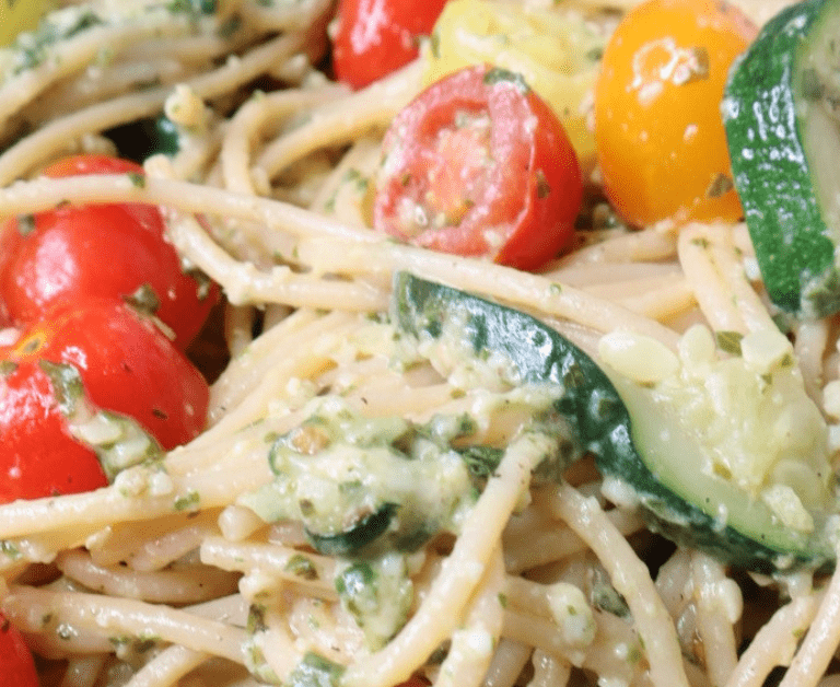 Summer Tomato Protein Pesto Pasta - Cooking Katie Lady