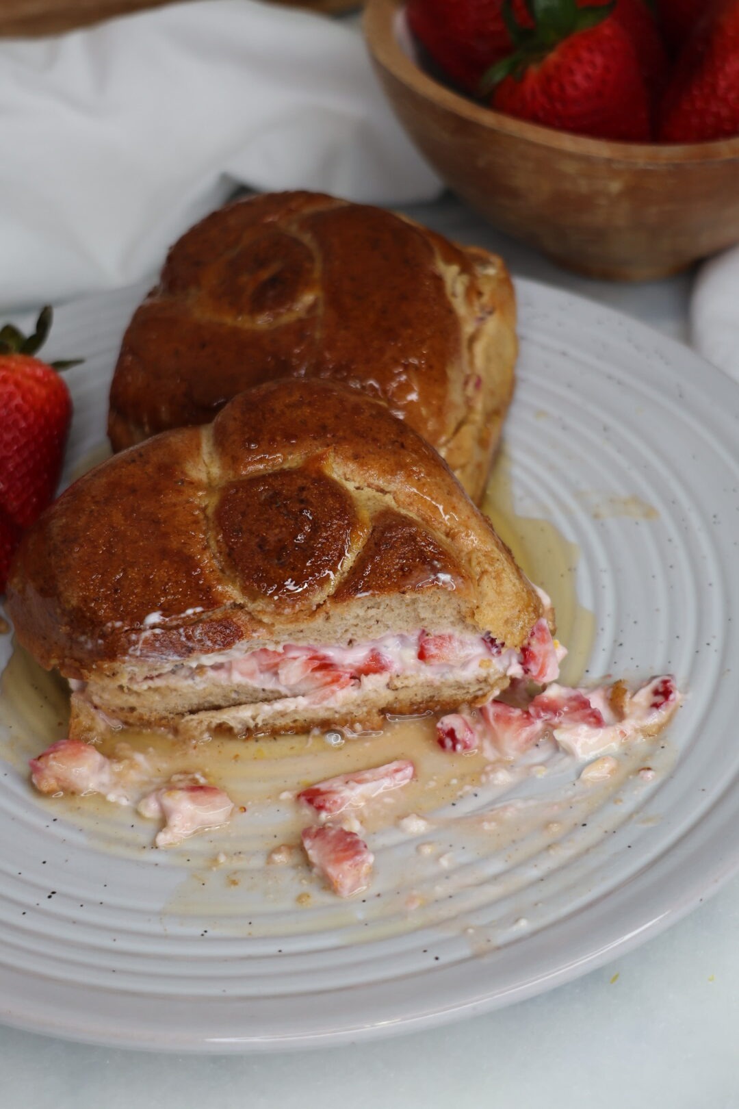Strawberry Cheesecake Stuffed Challah Roll French Toast